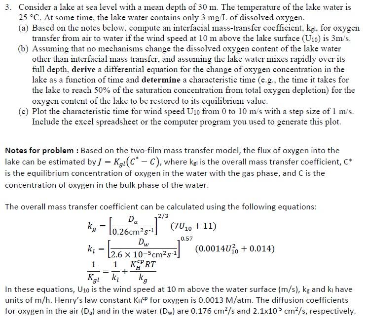 3. Consider a lake at sea level with a mean depth of | Chegg.com