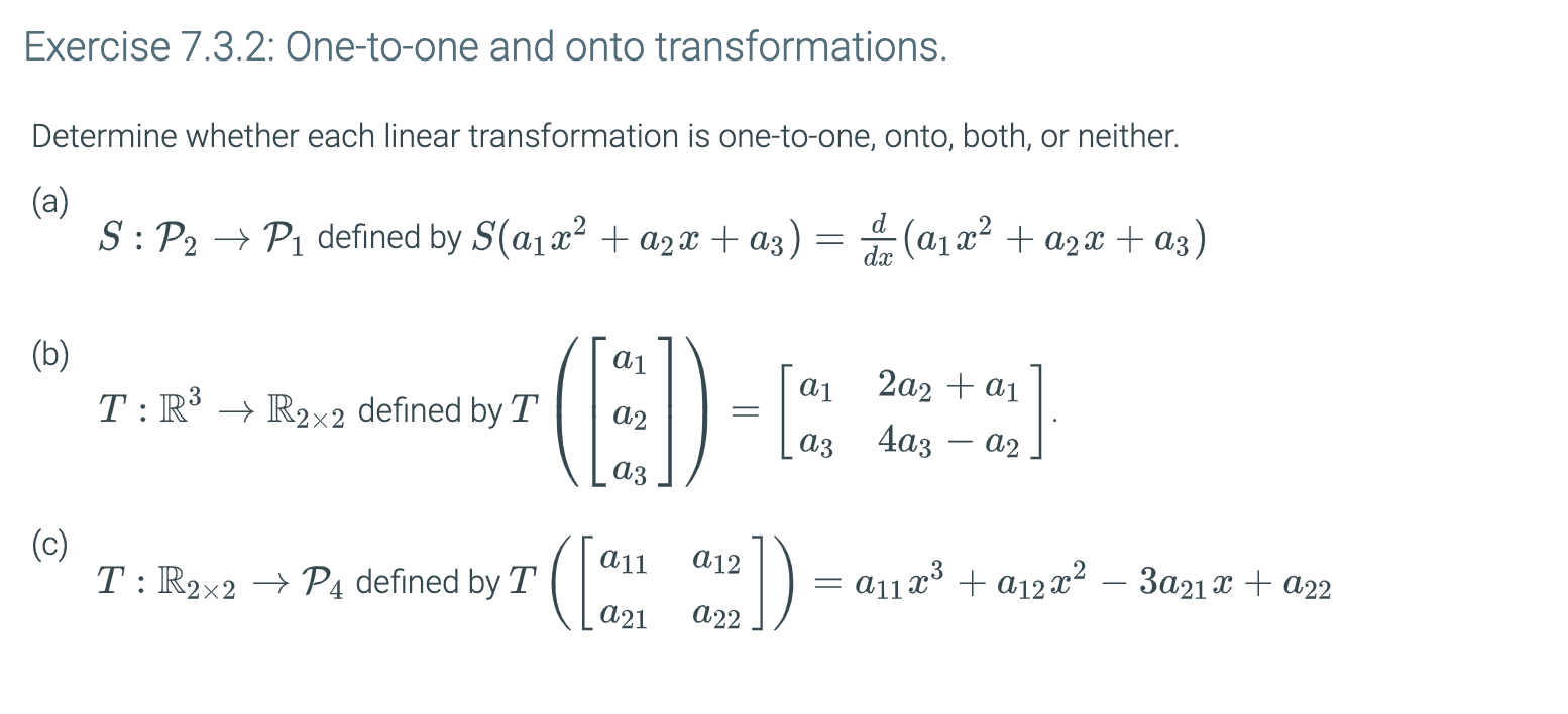 Solved Exercise 7.3.2: One-to-one and onto transformations. | Chegg.com