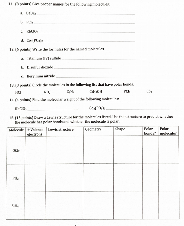 Solved 11. (8 points) Give proper names for the following | Chegg.com