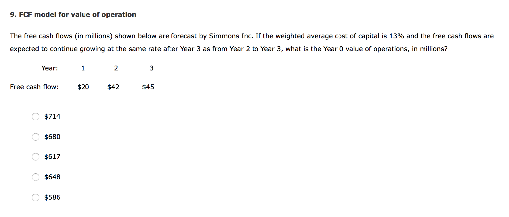 Solved 9. FCF model for value of operation The free cash | Chegg.com