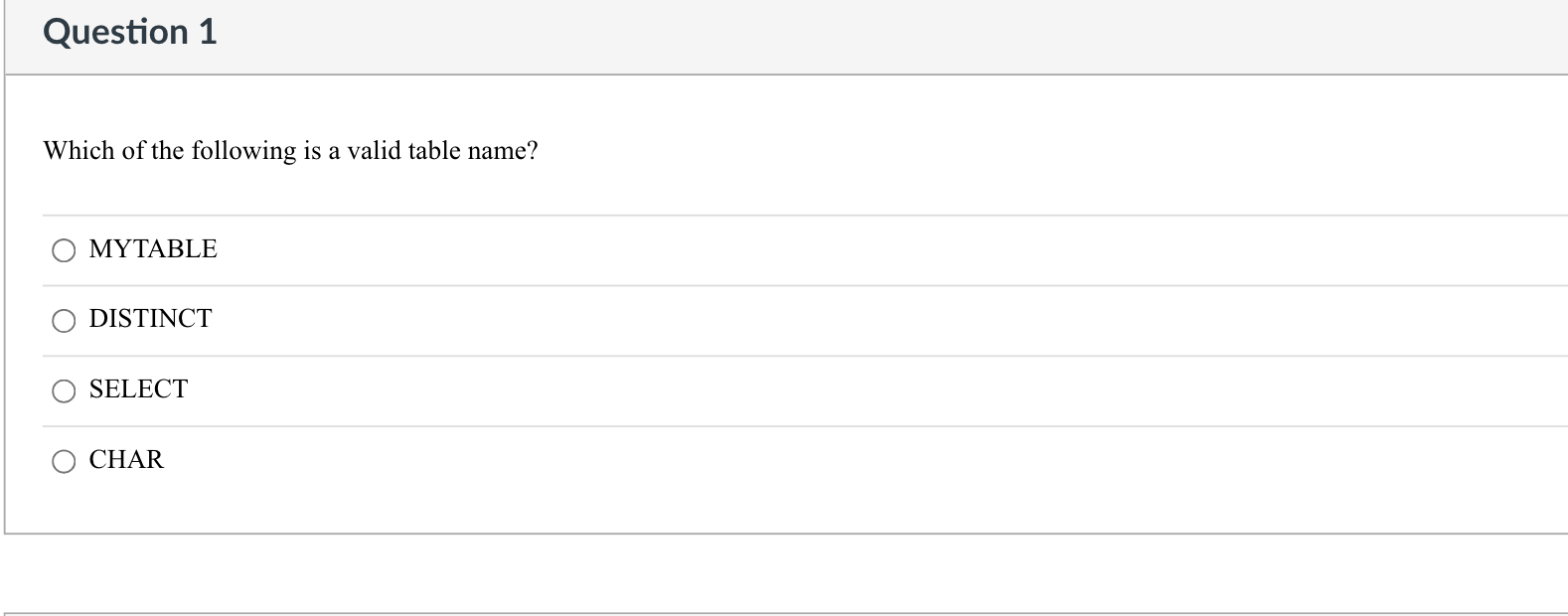 Solved Which of the following is a valid table name? MYTABLE | Chegg.com