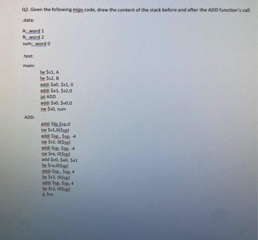 Solved Q2. Given the following mips code, draw the content | Chegg.com
