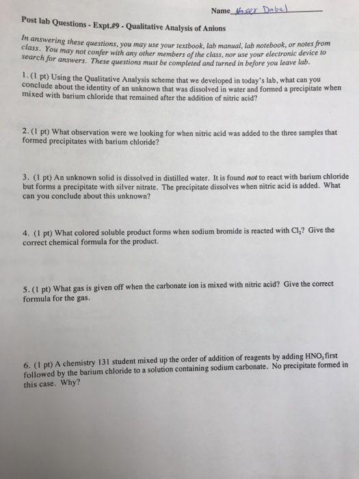 Solved Name ser Dnbe Post lab Questions Expt.#9-Qualitative | Chegg.com