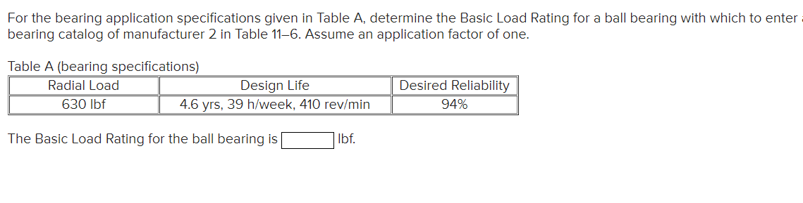 Solved For the bearing application specifications given in | Chegg.com
