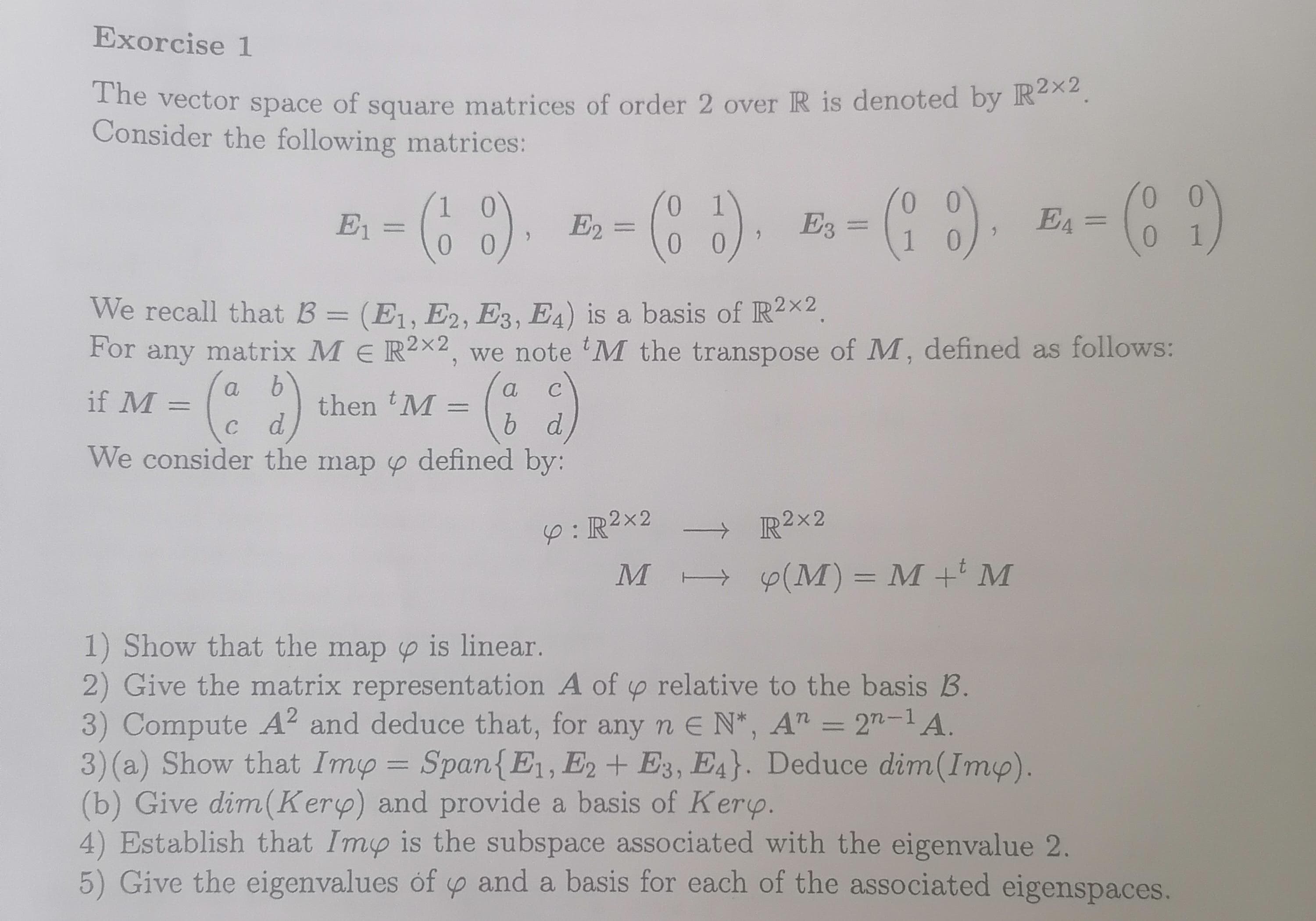 Solved The vector space of square matrices of order 2 over R | Chegg.com