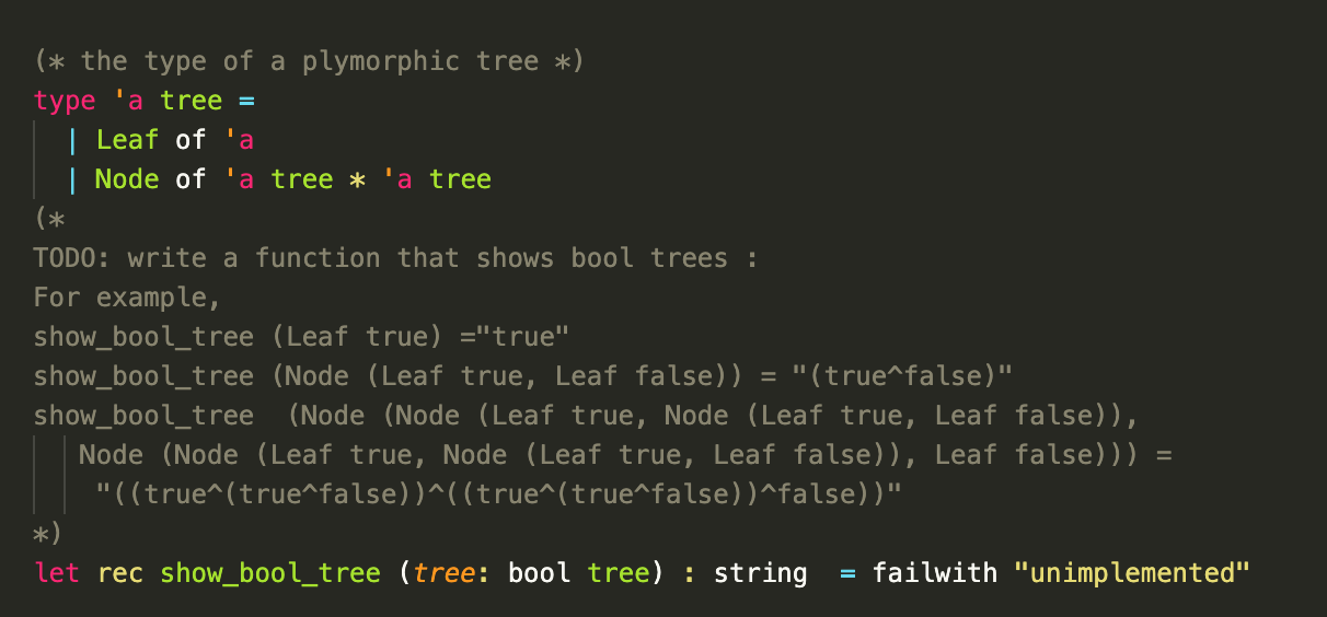 Solved Ocaml (* TODO: write a function that shows bool trees | Chegg.com
