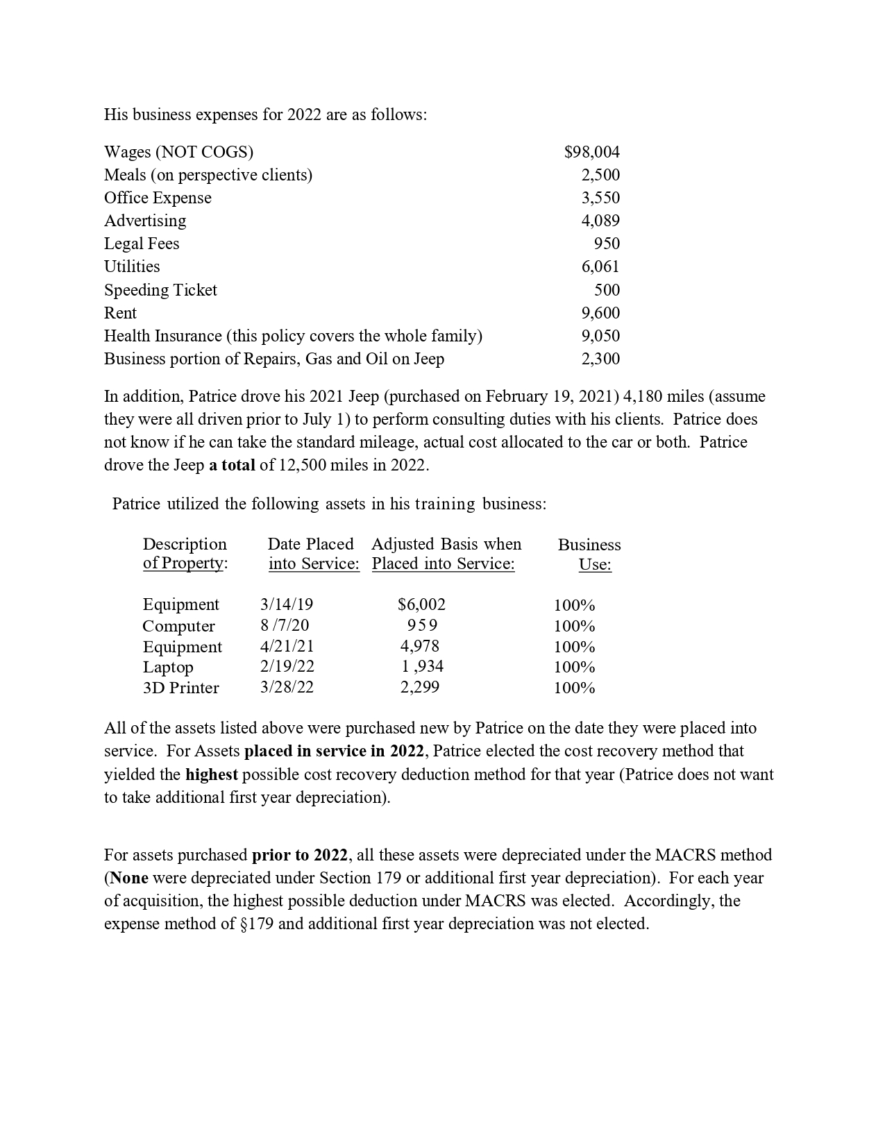 Solved INDIVIDUAL TAX RETURN PROJECT PATRICE BERGY | Chegg.com