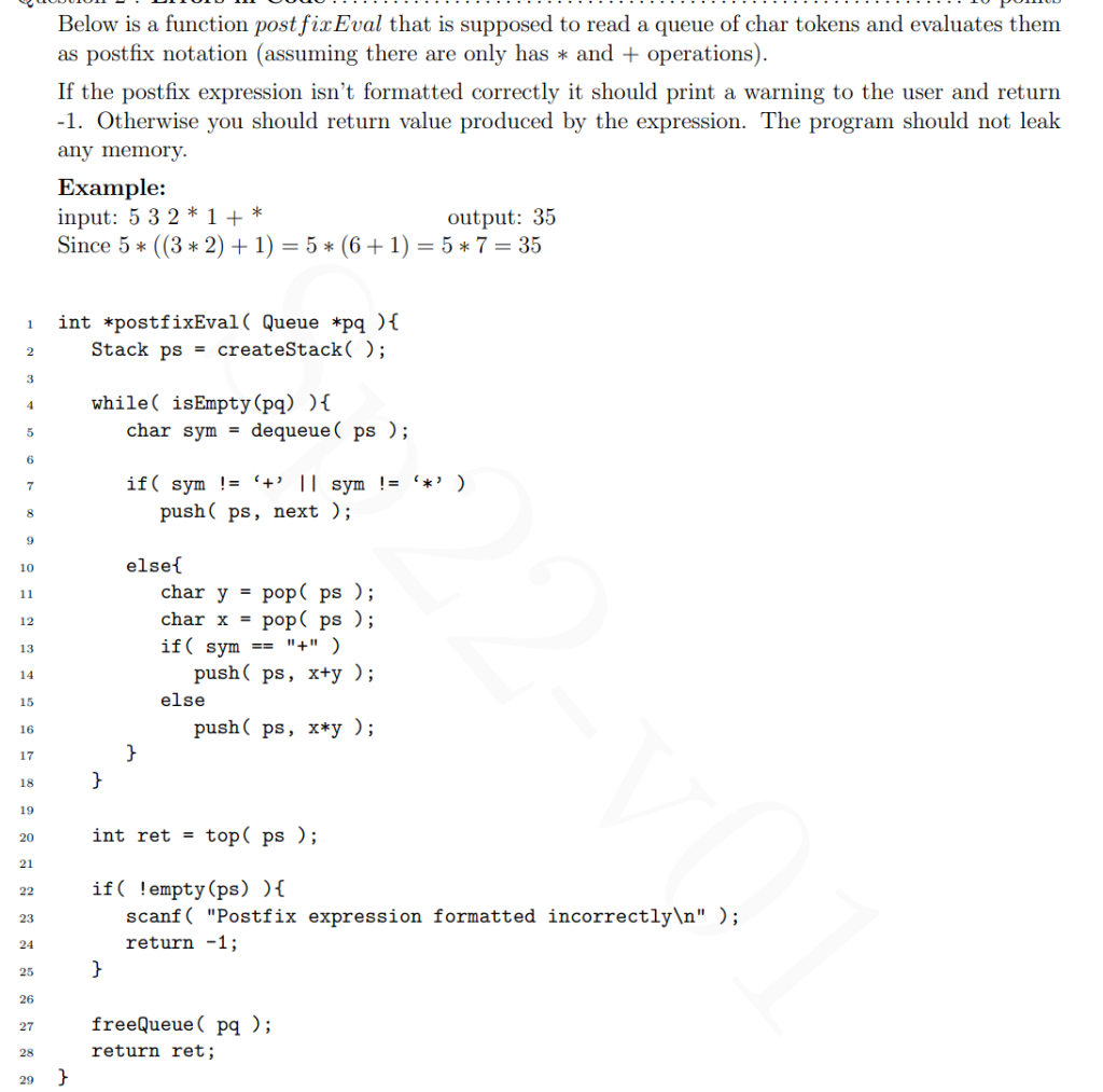 Solved Below is a function post fixEval that is supposed to | Chegg.com