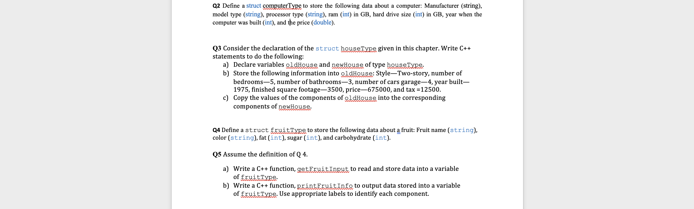 Solved Q2 Define a struct computerType to store the | Chegg.com