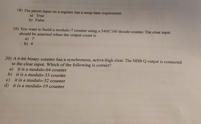 Solved 18) The preset input on a register has a setup time | Chegg.com
