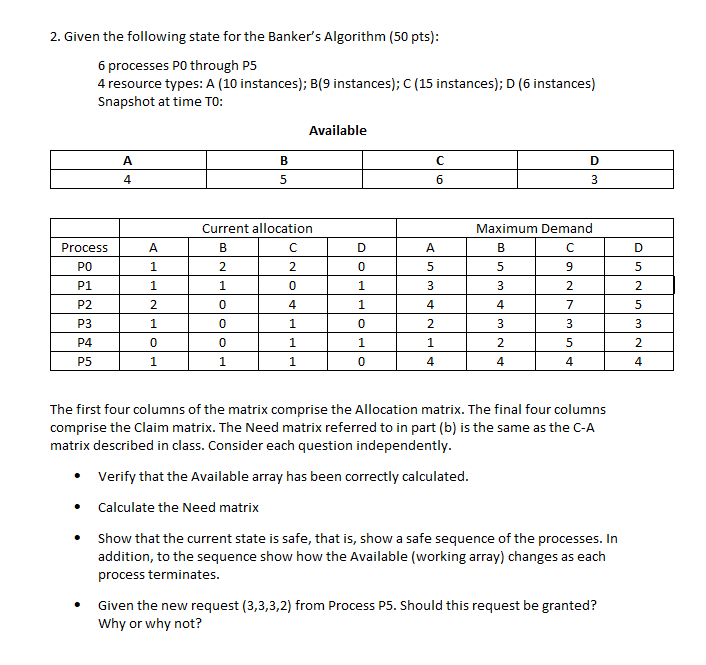 Solved 2. Given the following state for the Banker's | Chegg.com