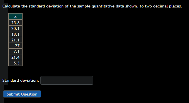 Solved Calculate the standard deviation of the sample | Chegg.com