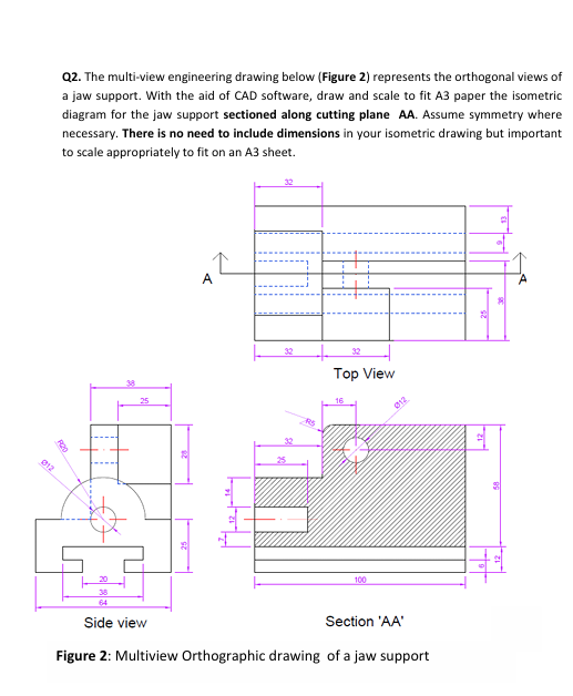 Solved Q2. ﻿The multi-view engineering drawing below (Figure | Chegg.com