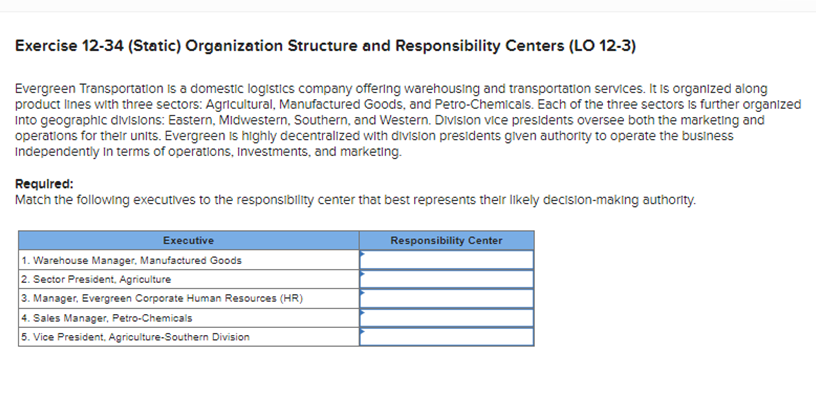 Solved Exercise 12-34 (Static) Organization Structure and | Chegg.com