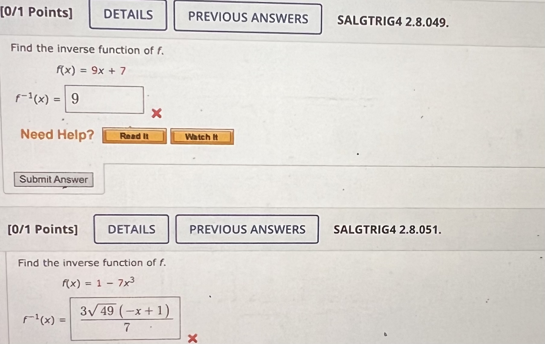 Solved [0/1 Points] SALGTRIG4 2.8.049. Find the inverse | Chegg.com