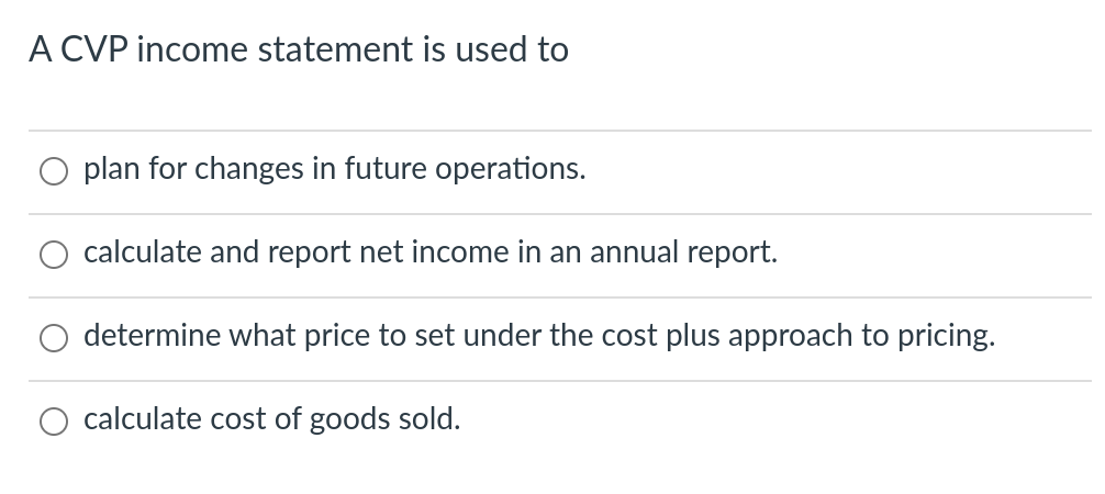 Solved A CVP income statement is used to plan for changes in | Chegg.com