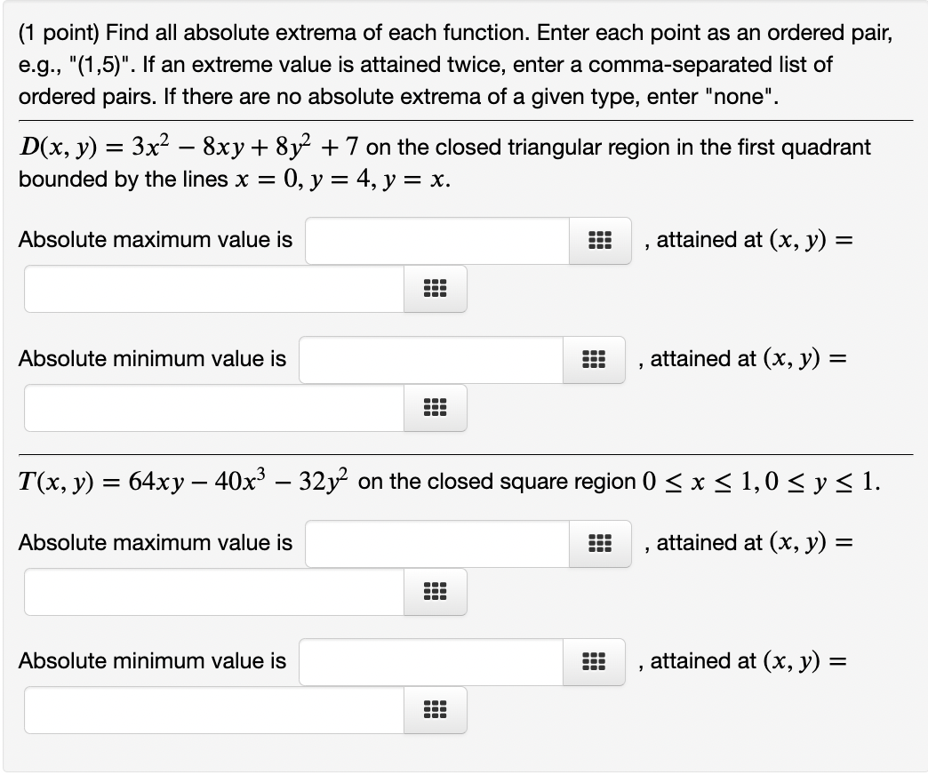 Solved (1 point) Find all absolute extrema of each function. | Chegg.com