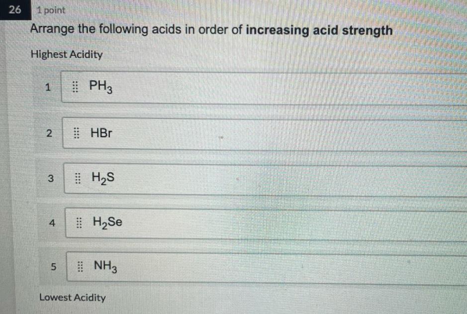Solved 26 1 point Arrange the following acids in order of | Chegg.com