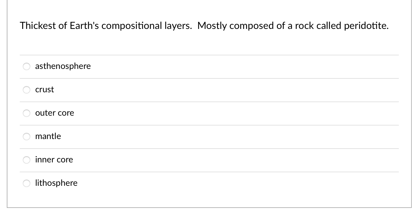 Solved Outermost of Earth's compositional layers. The one we | Chegg.com