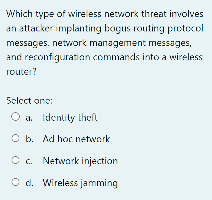 Solved Which type of wireless network threat involves an | Chegg.com