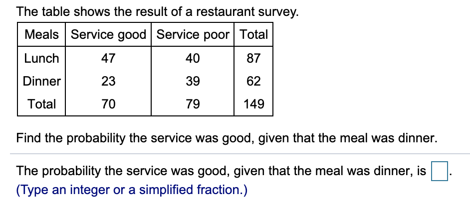 Solved Find the probability the service was good , given | Chegg.com