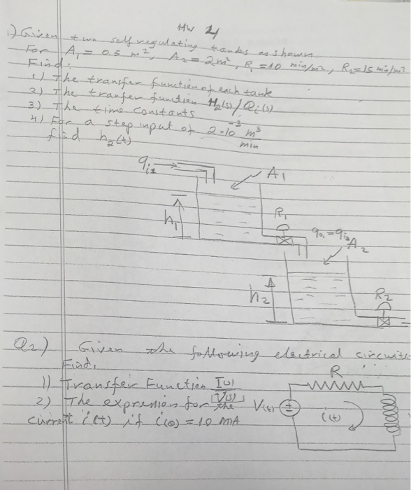 Solved given two self regulating tanks as shown for a1= .5 | Chegg.com