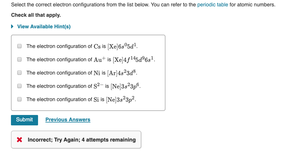 Solved Select the correct electron configurations from the | Chegg.com