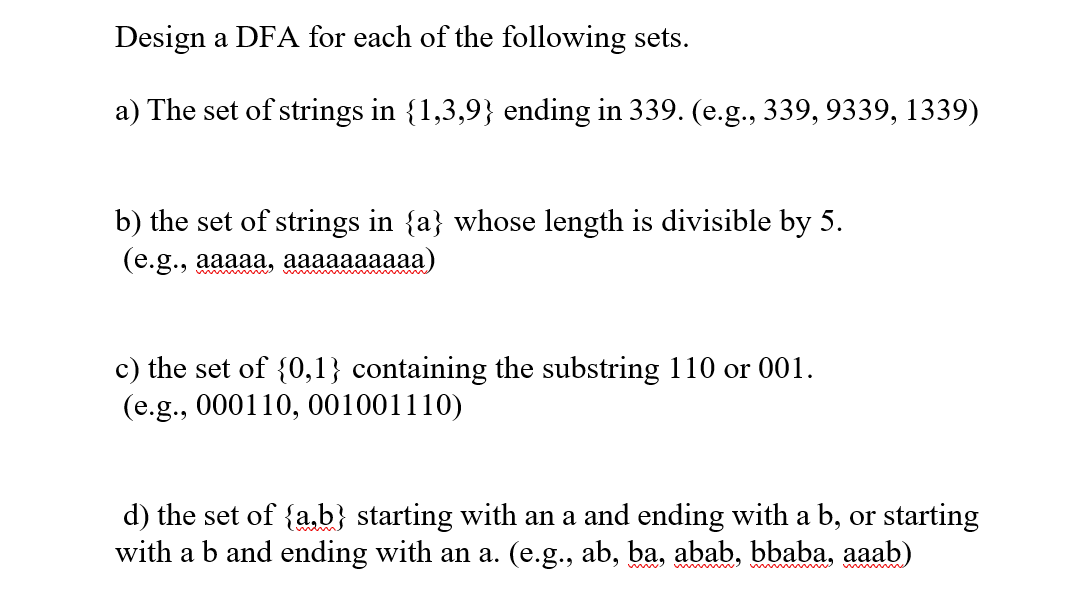 Solved Design a DFA for each of the following sets. a) The | Chegg.com