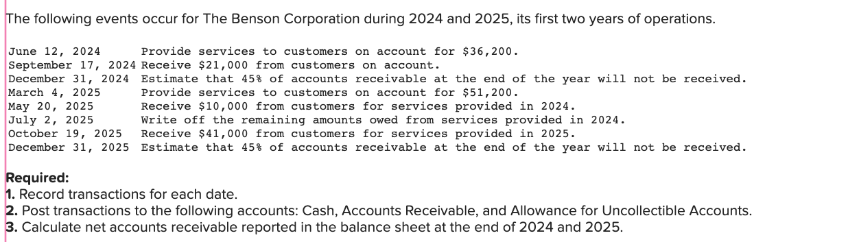 Solved The following events occur for The Benson Corporation | Chegg.com