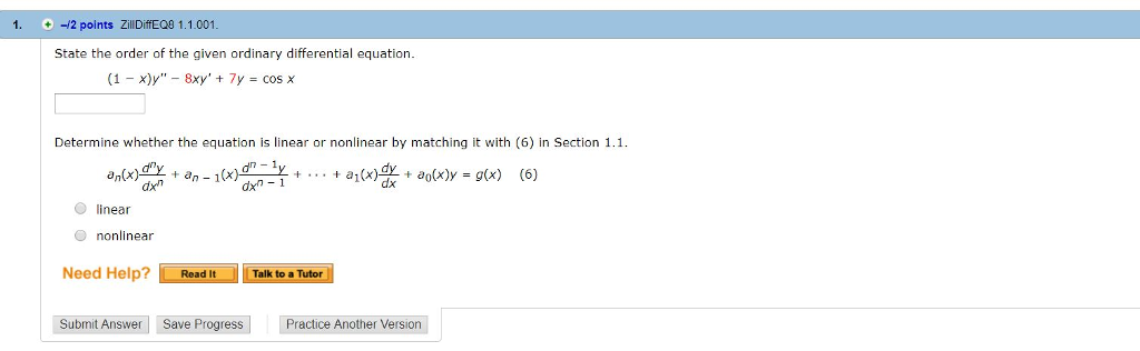 Solved 2 Points Zilldiffeq8 1 1 001 State The Order Of The