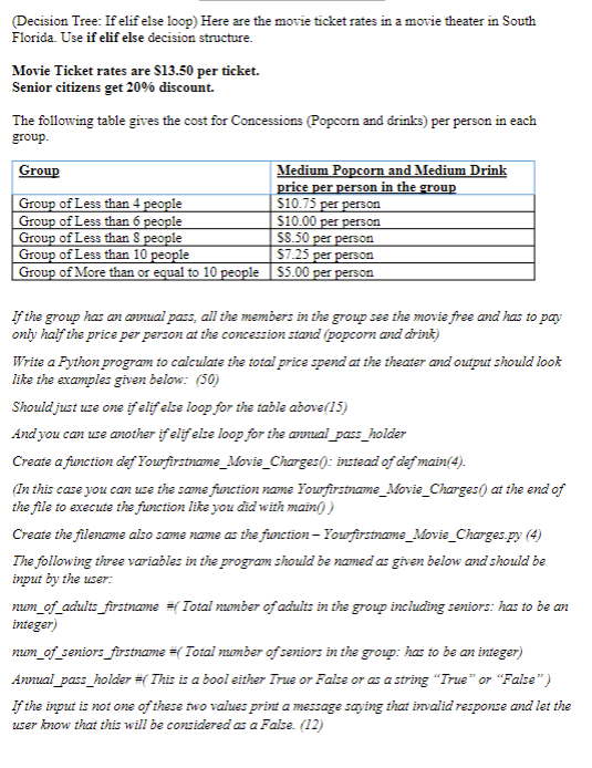 Solved (Decision Tree: If elif else loop) Here are the movie | Chegg.com