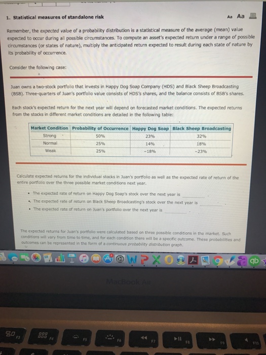 Solved 1. Statistical measures of standalone risk Aa Aa 旦 | Chegg.com