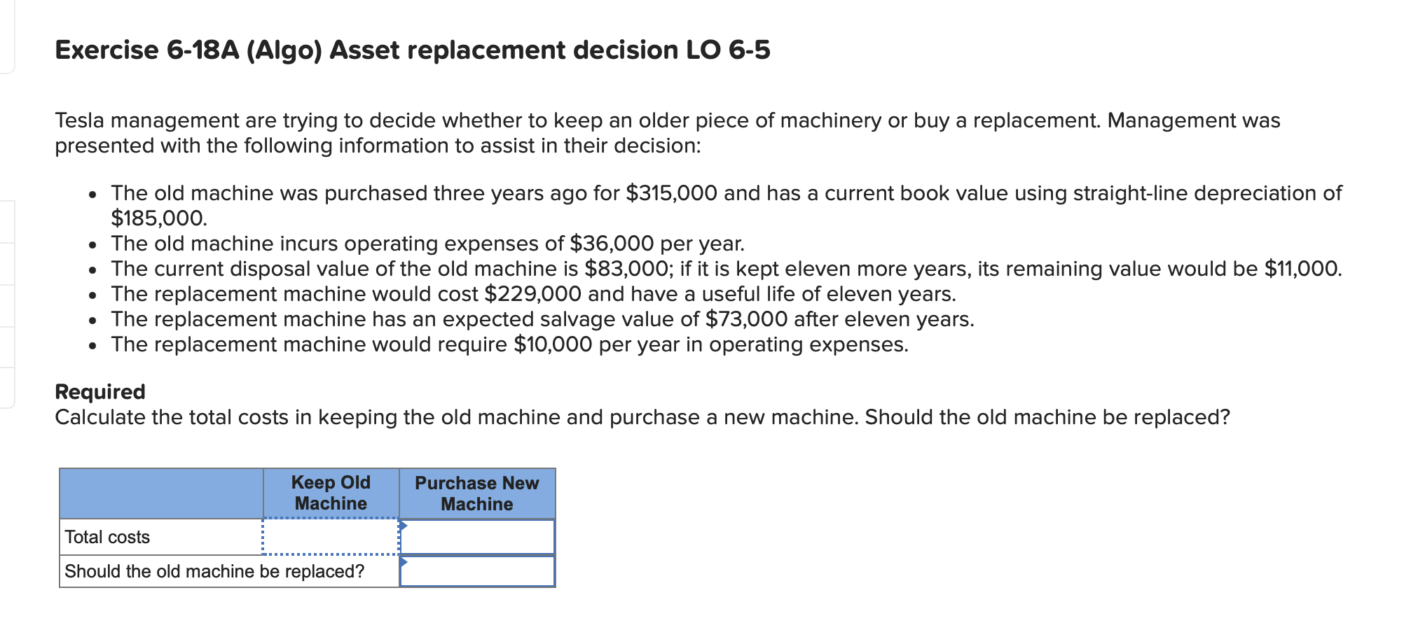 Solved Exercise 6-18A (Algo) Asset replacement decision LO | Chegg.com