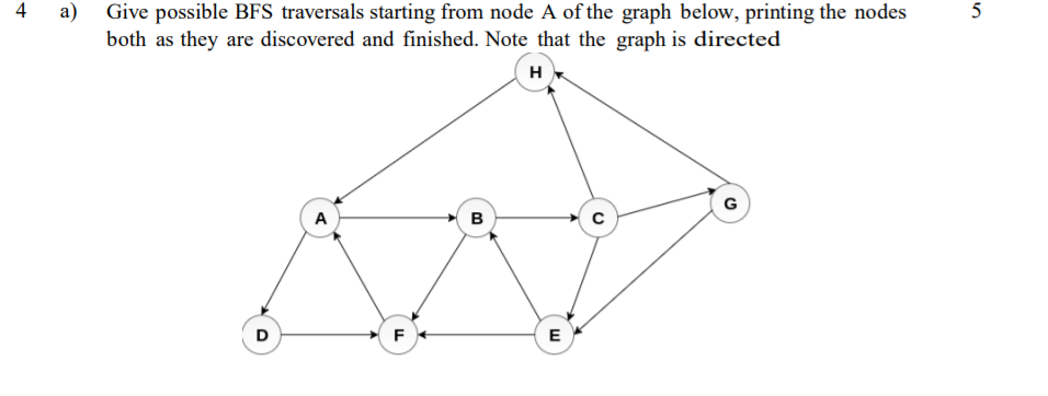Solved 4 a) 5 Give possible BFS traversals starting from | Chegg.com
