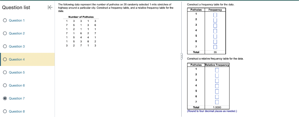 Solved Question list The following data represent the number | Chegg.com