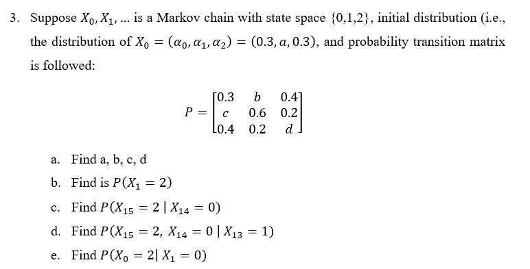 Solved Suppose X0,X1,… is a Markov chain with state space | Chegg.com