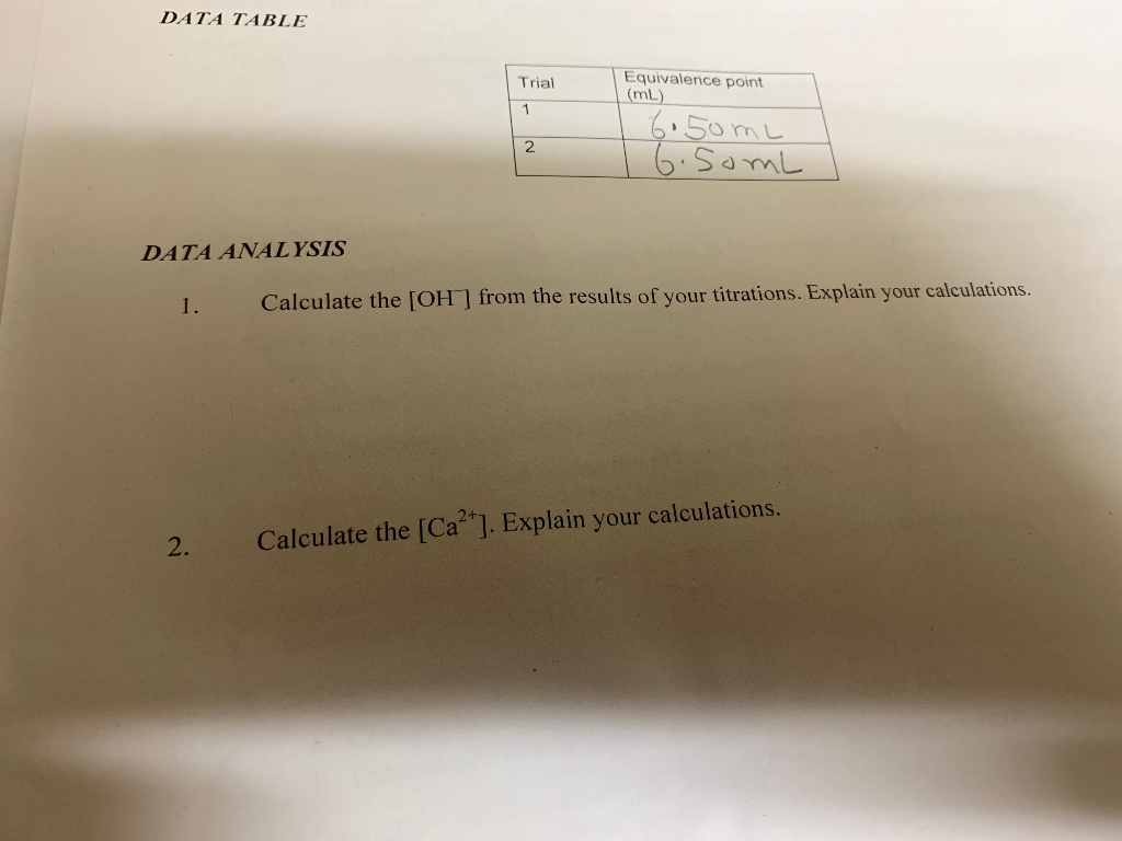 DATA TABLE Trial Equivalence point (mL) 6.50mL 6. | Chegg.com