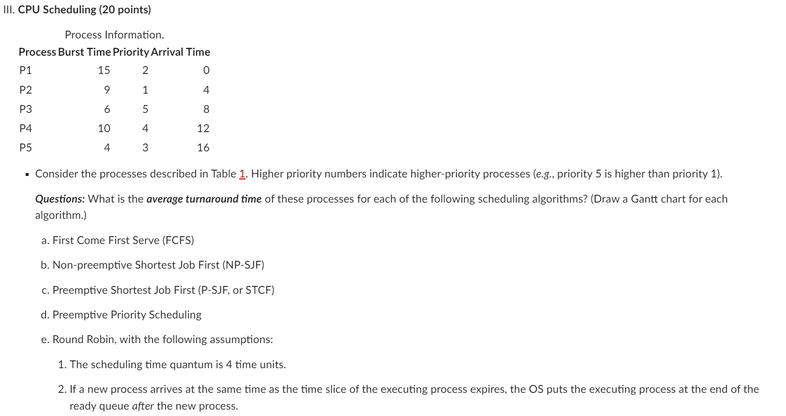 Solved III. CPU Scheduling (20 points) - Consider the | Chegg.com