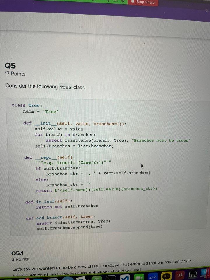 Solved 7 Points Consider the following Tree class: Q5.1 3 | Chegg.com