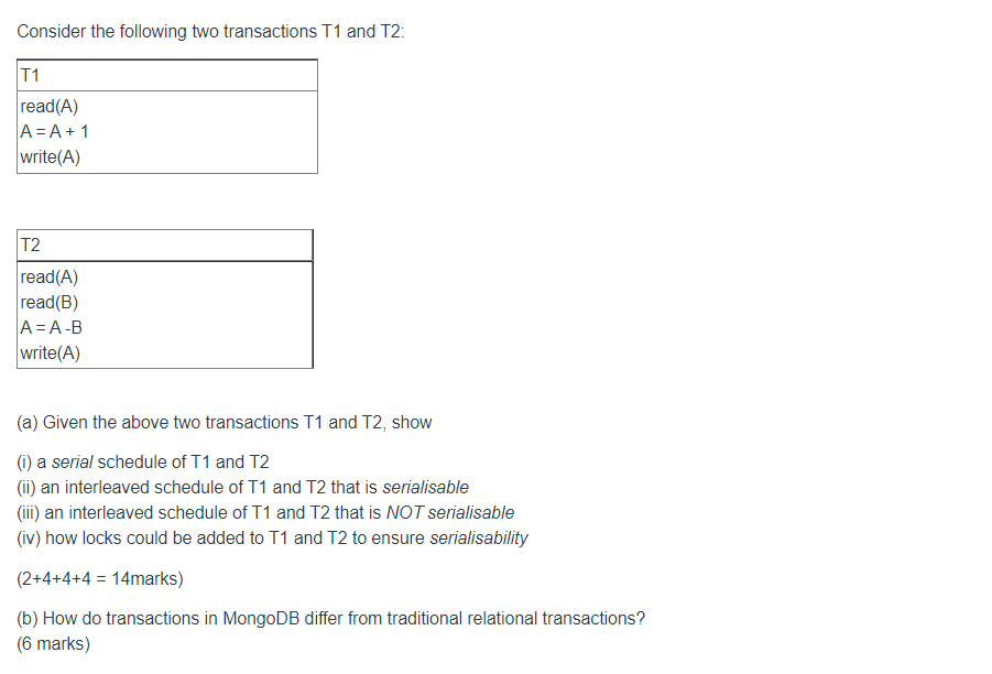 Consider the following two transactions T1 and T2: T1 | Chegg.com