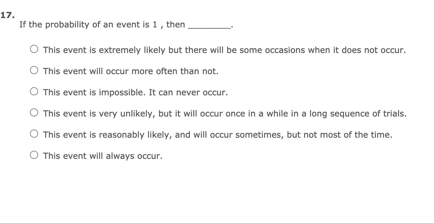 Solved 17. If the probability of an event is 1 , then This | Chegg.com