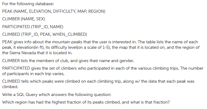 Solved For the following database: PEAK (NAME, ELEVATION, | Chegg.com