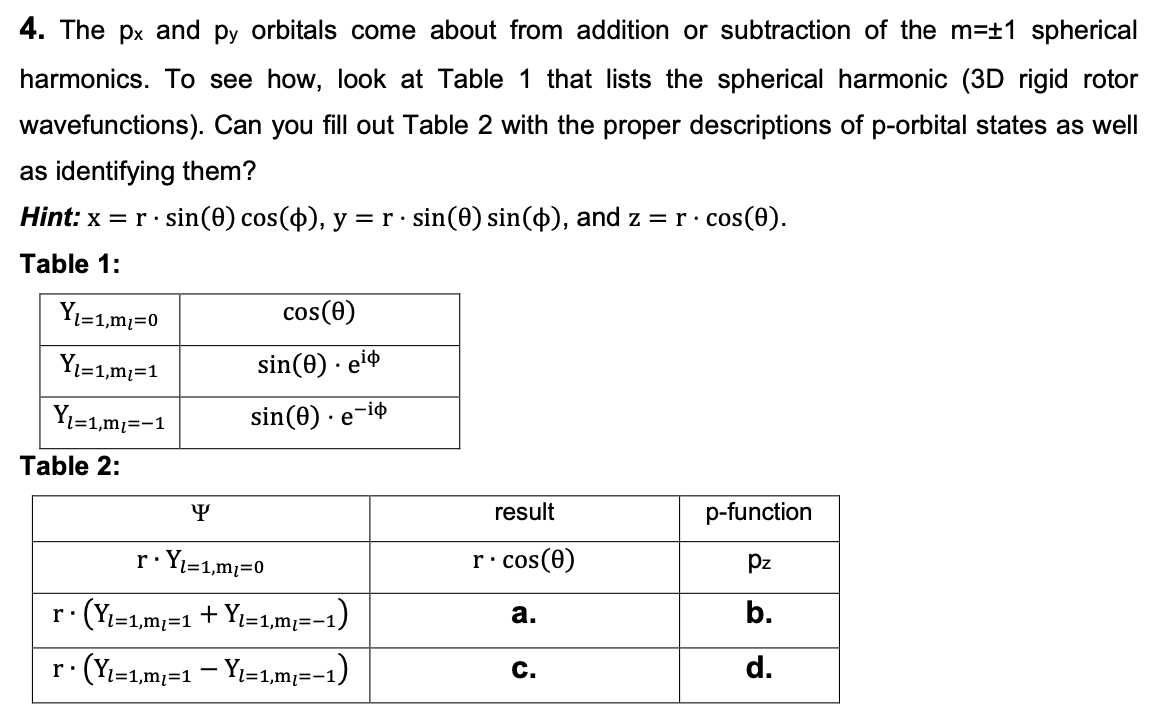 Solved 4. The px and py orbitals come about from addition or | Chegg.com