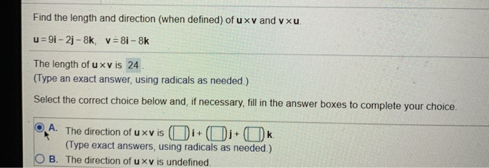 Solved Find the length and direction (when defined) of u × v | Chegg.com