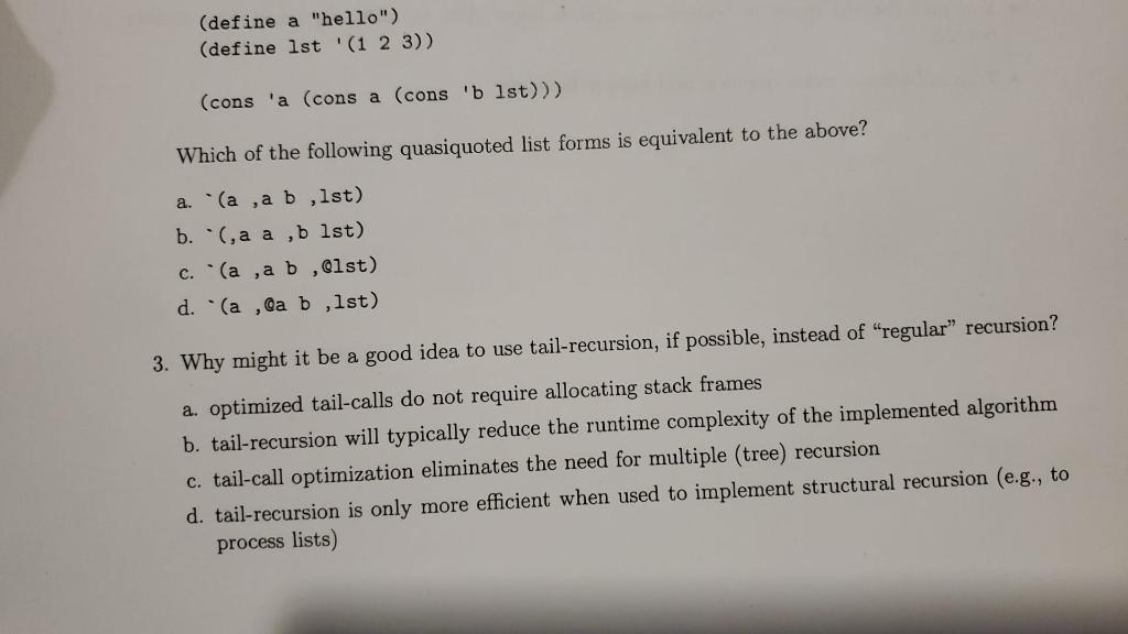 Solved (define a "hello") (define lst ' ( 123) ) (cons 'a | Chegg.com