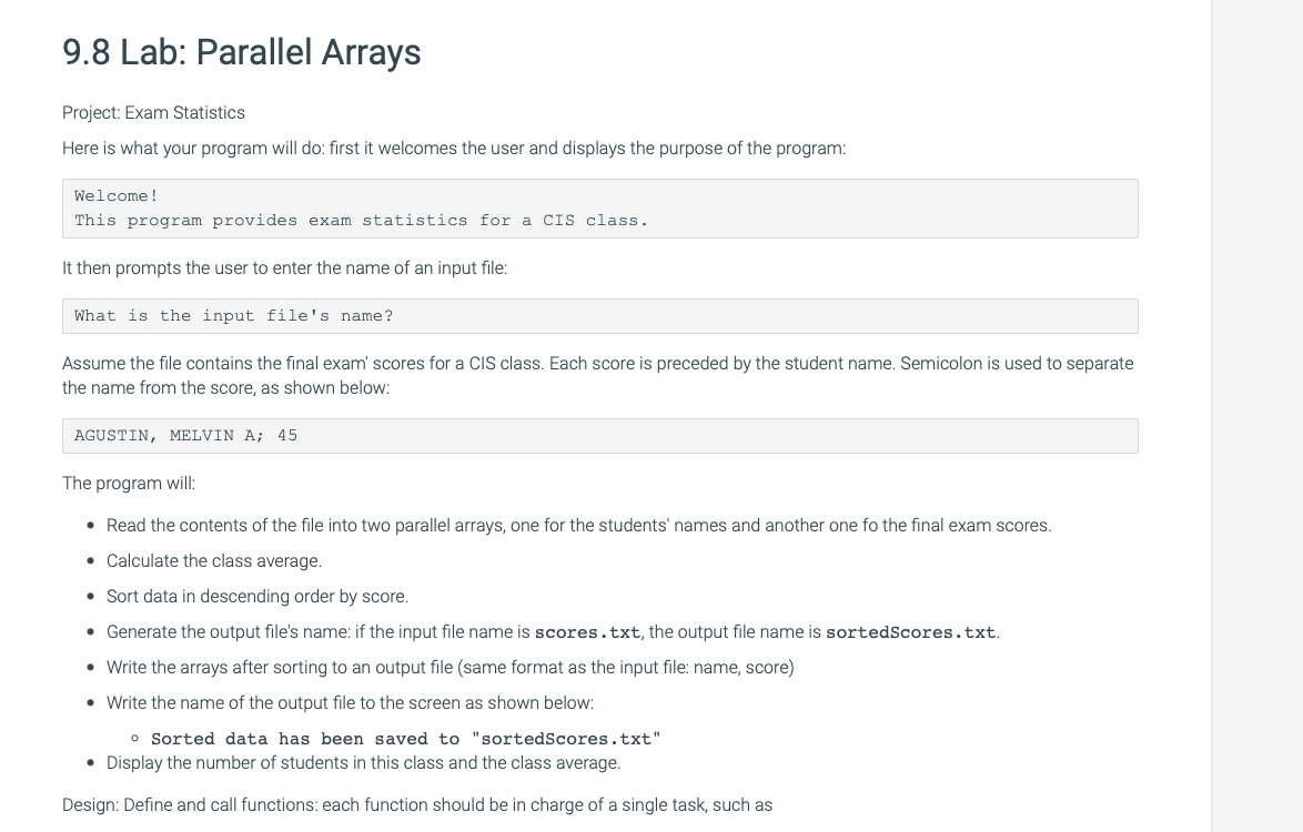 Solved 9.8 Lab: Parallel Arrays Project: Exam Statistics | Chegg.com