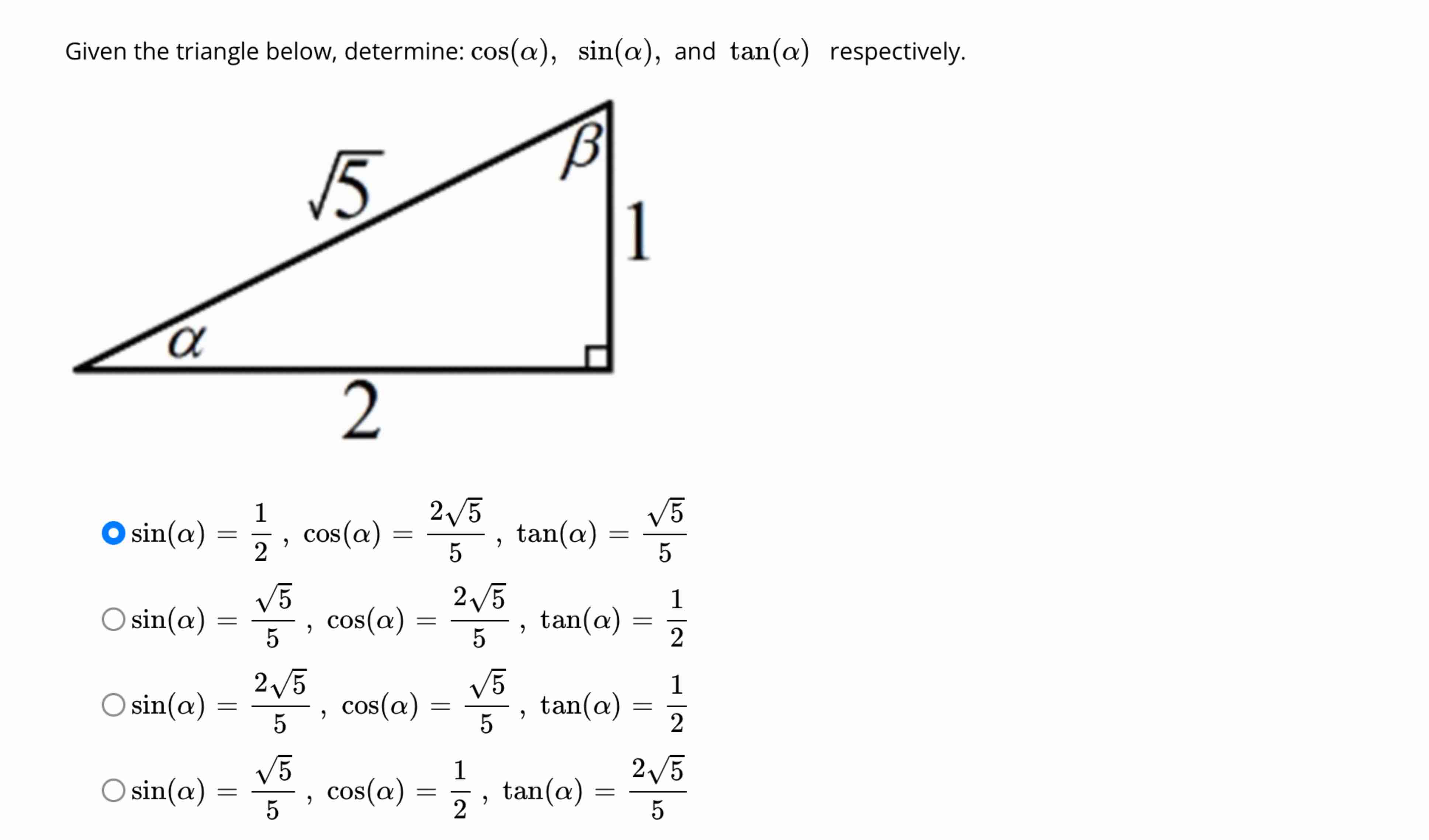 [Solved]: Given the triangle below, determine: cos( alpha ),