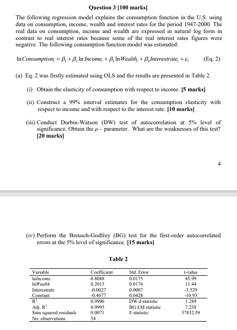 Solved Question 3 [100 marks] The following regression model | Chegg.com