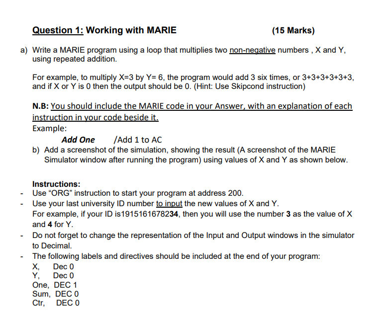 Solved Question 1: Working with MARIE (15 Marks) a) Write a | Chegg.com