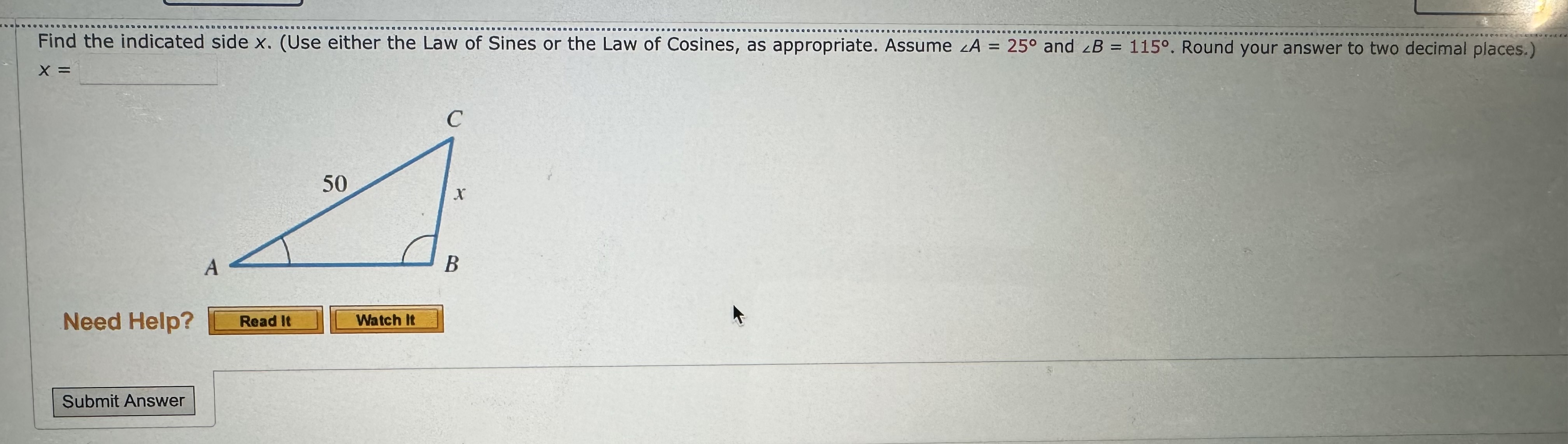 Solved Find the indicated side x. (Use either the Law of | Chegg.com